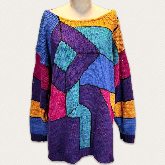 Vintage | Sweaters | Vintage 8s Stained Glass Geometric Colorblock ...